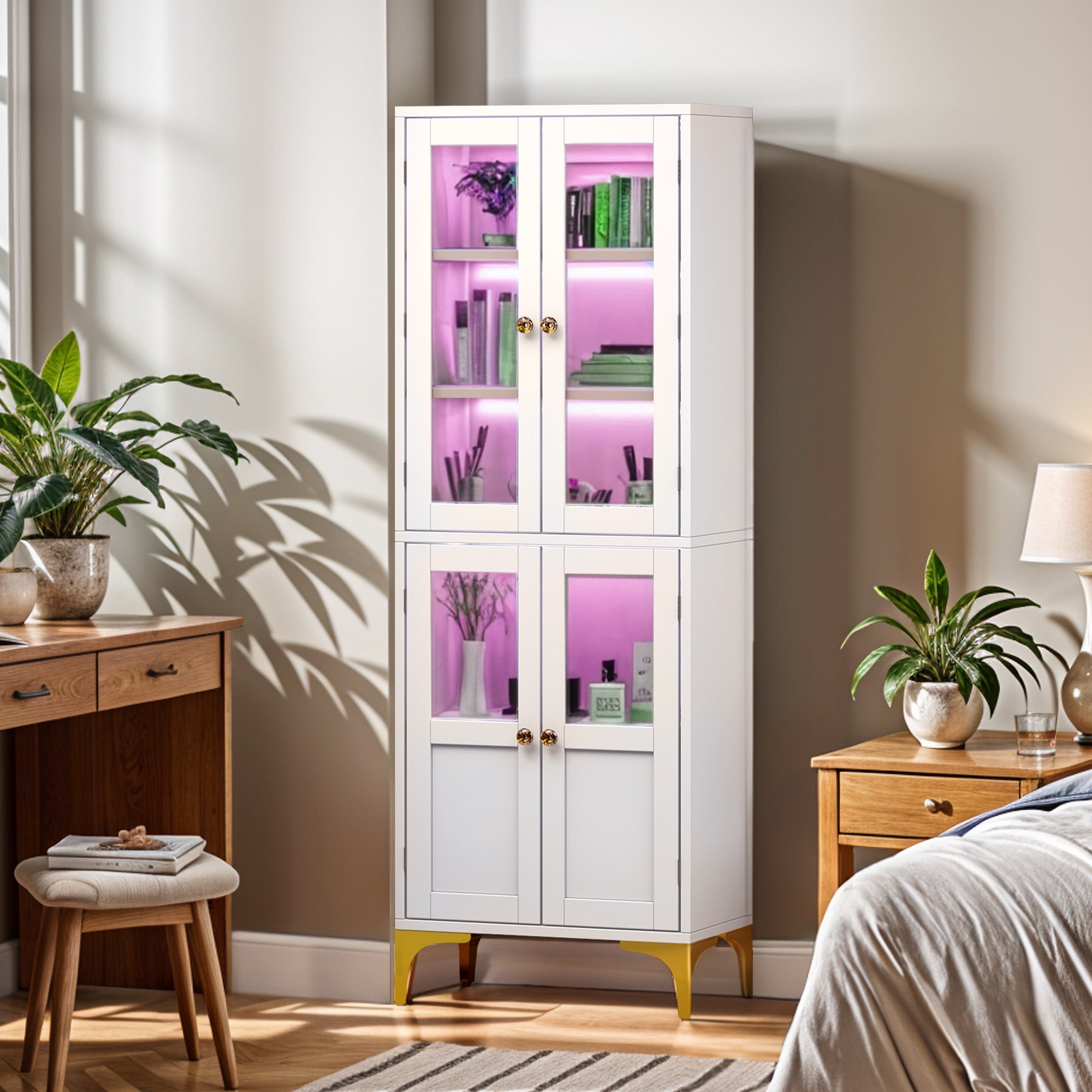 ModFusion Warm White Hemp Surface Bookcase with Gold Crystal Handles, 3 ...