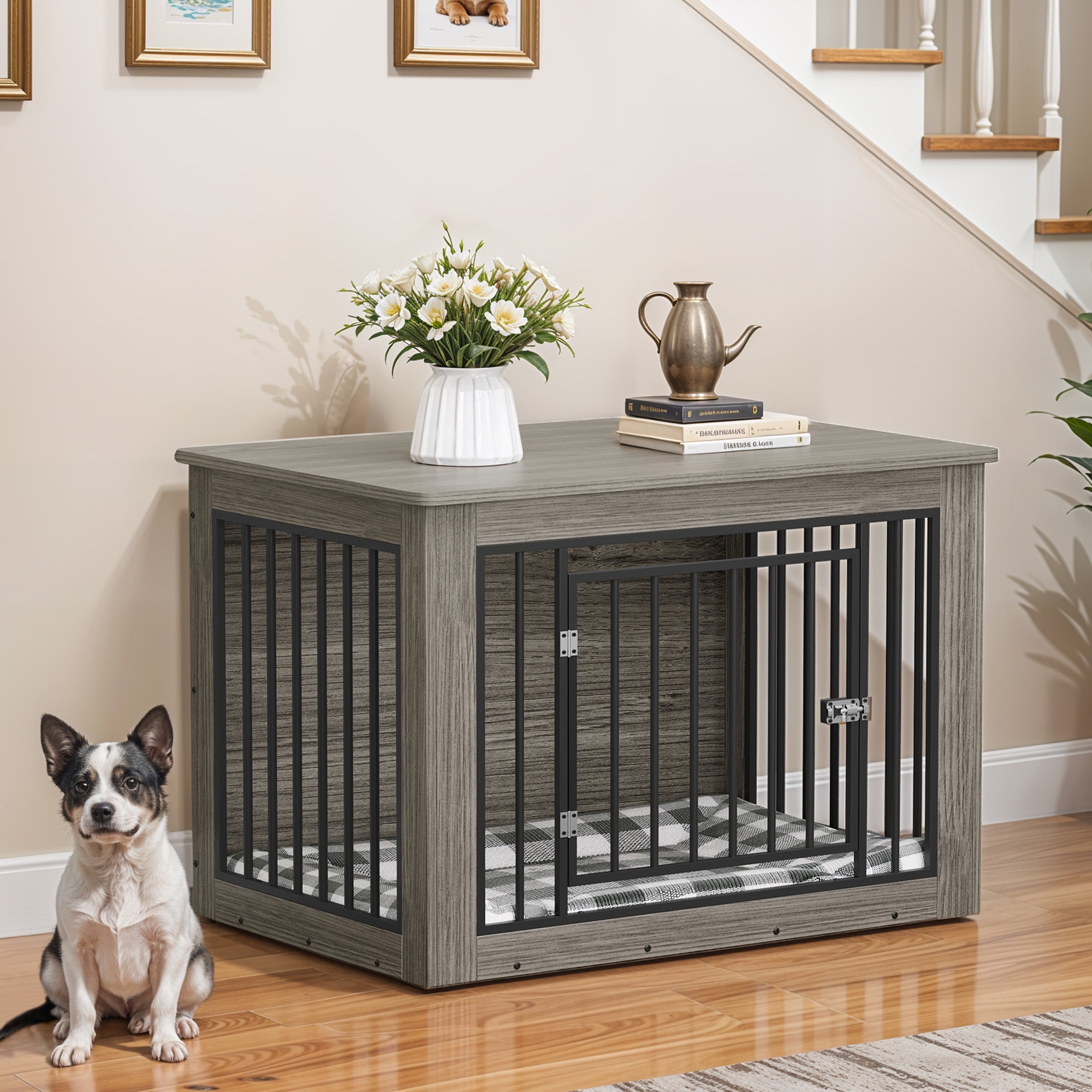 ModFusion Waterproof Wood & Iron Dog Crate with Adjustable Legs and Door Latch - Gray Charcoal ...