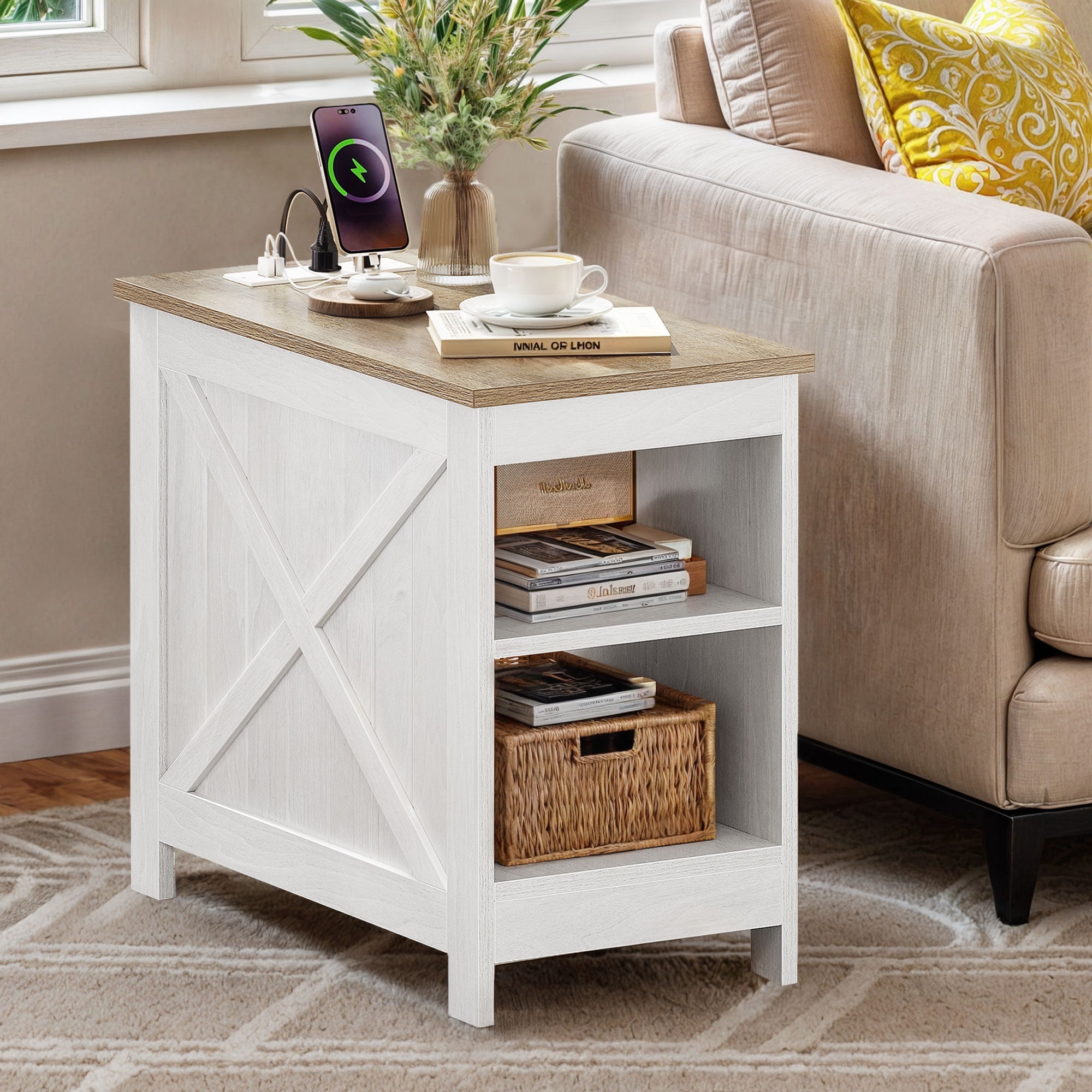 ModFusion White End Table, MDF/Chipboard, Indoor, USB Ports, Storage ...