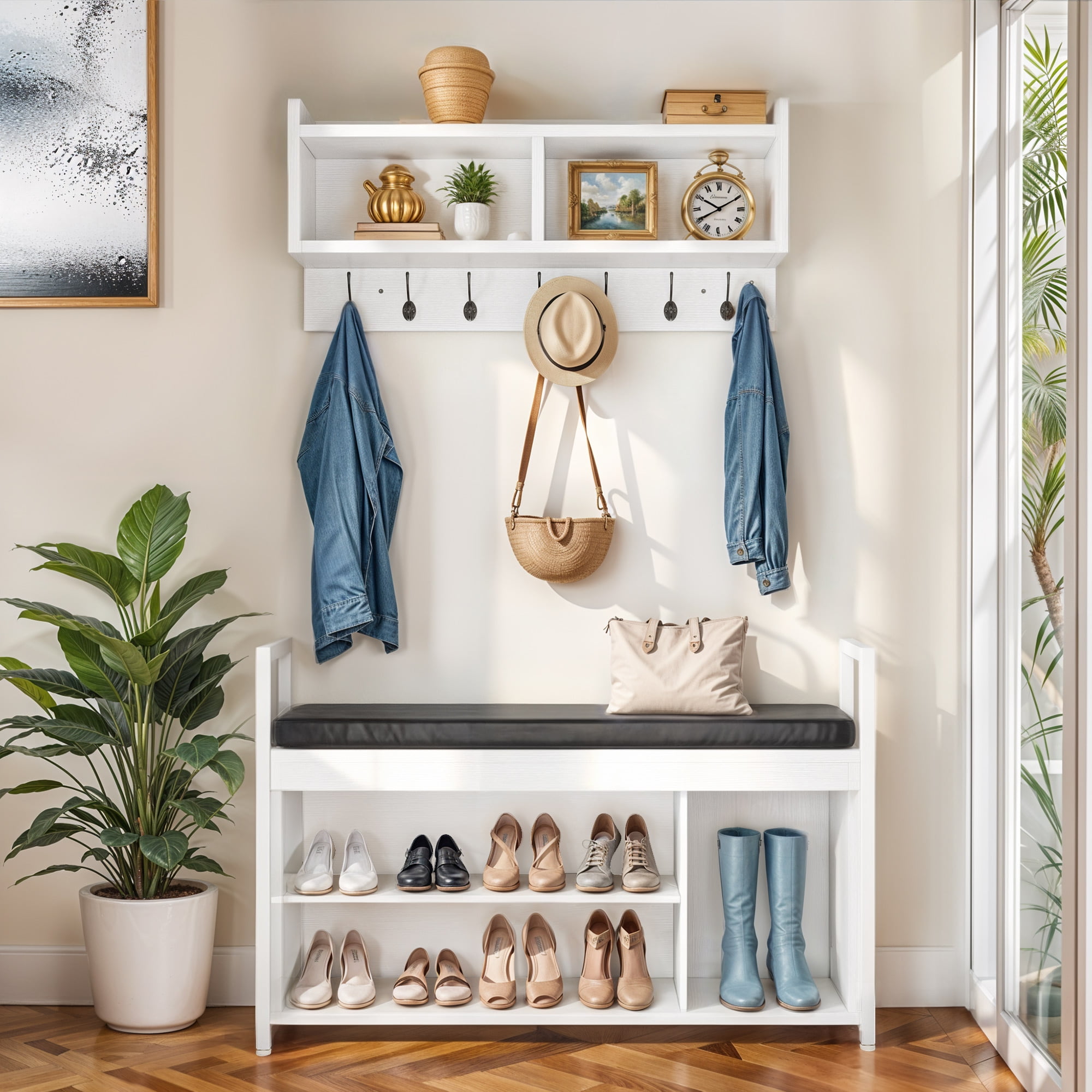 ModFusion White Entryway Coat Rack with Shoe Storage Bench – 5-in-1 ...