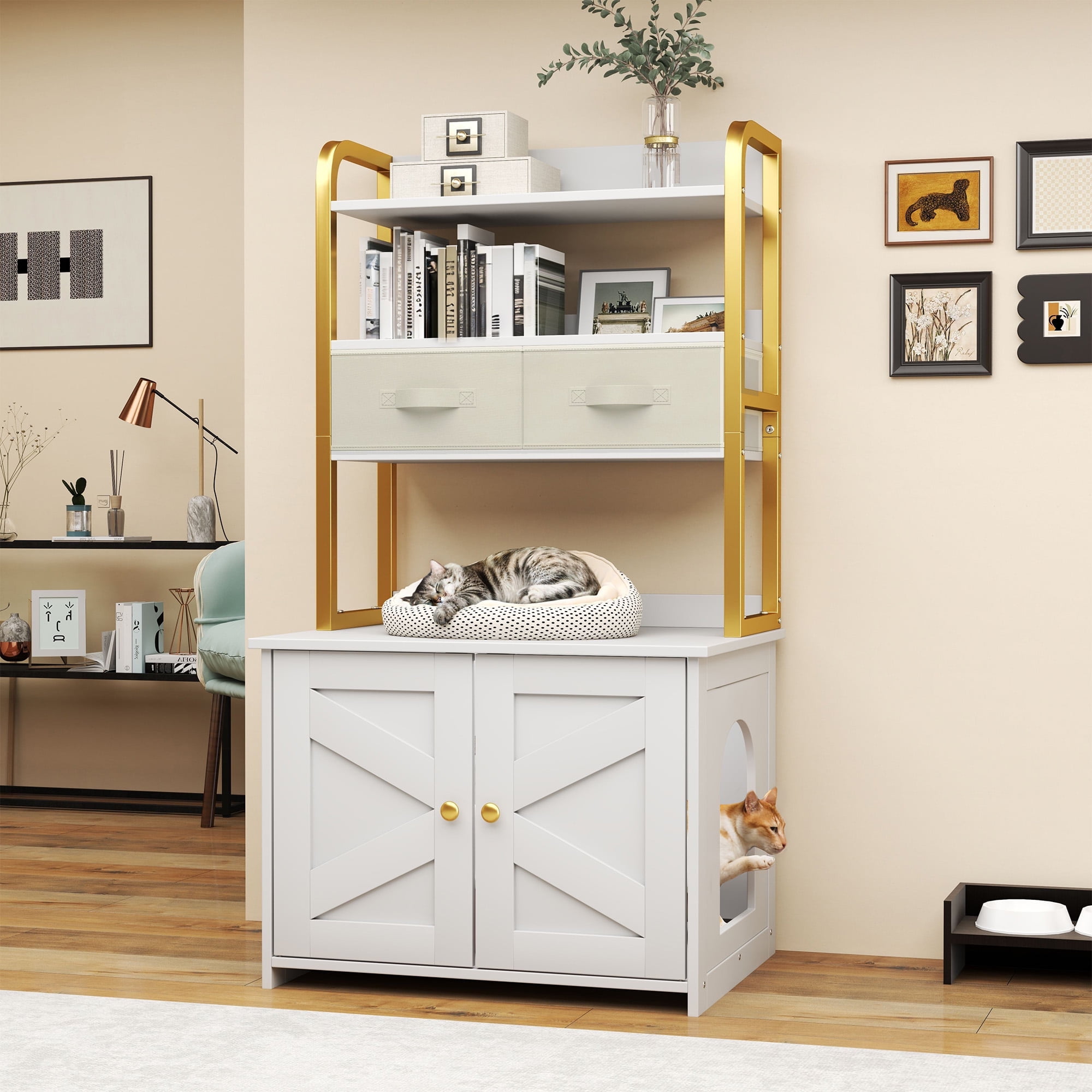 ModFusion White Fabric Drawer Storage Cabinet & Hidden Cat Litter Box ...