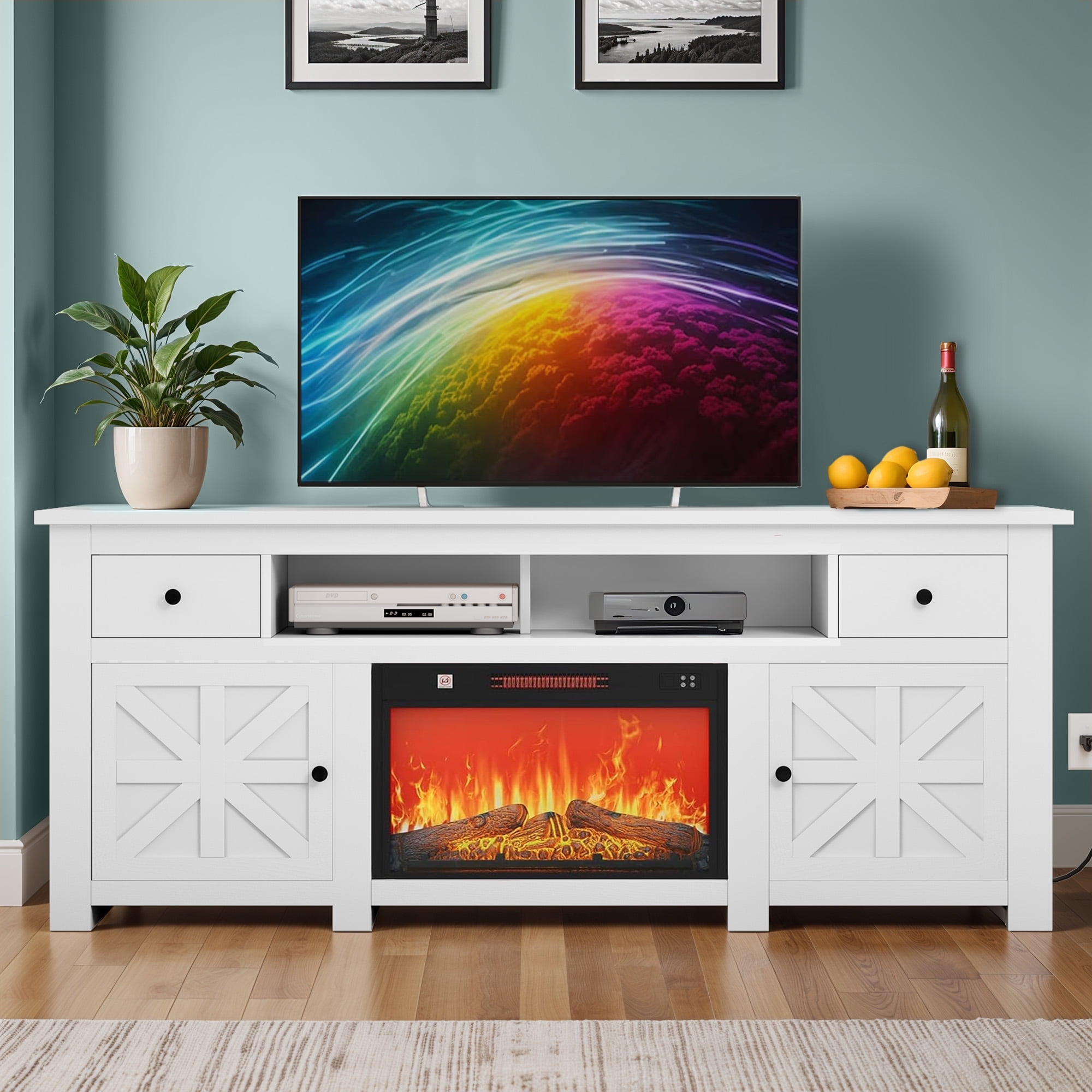 ModFusion White Fireplace Heater TV Stand, Rectangular Media Console ...