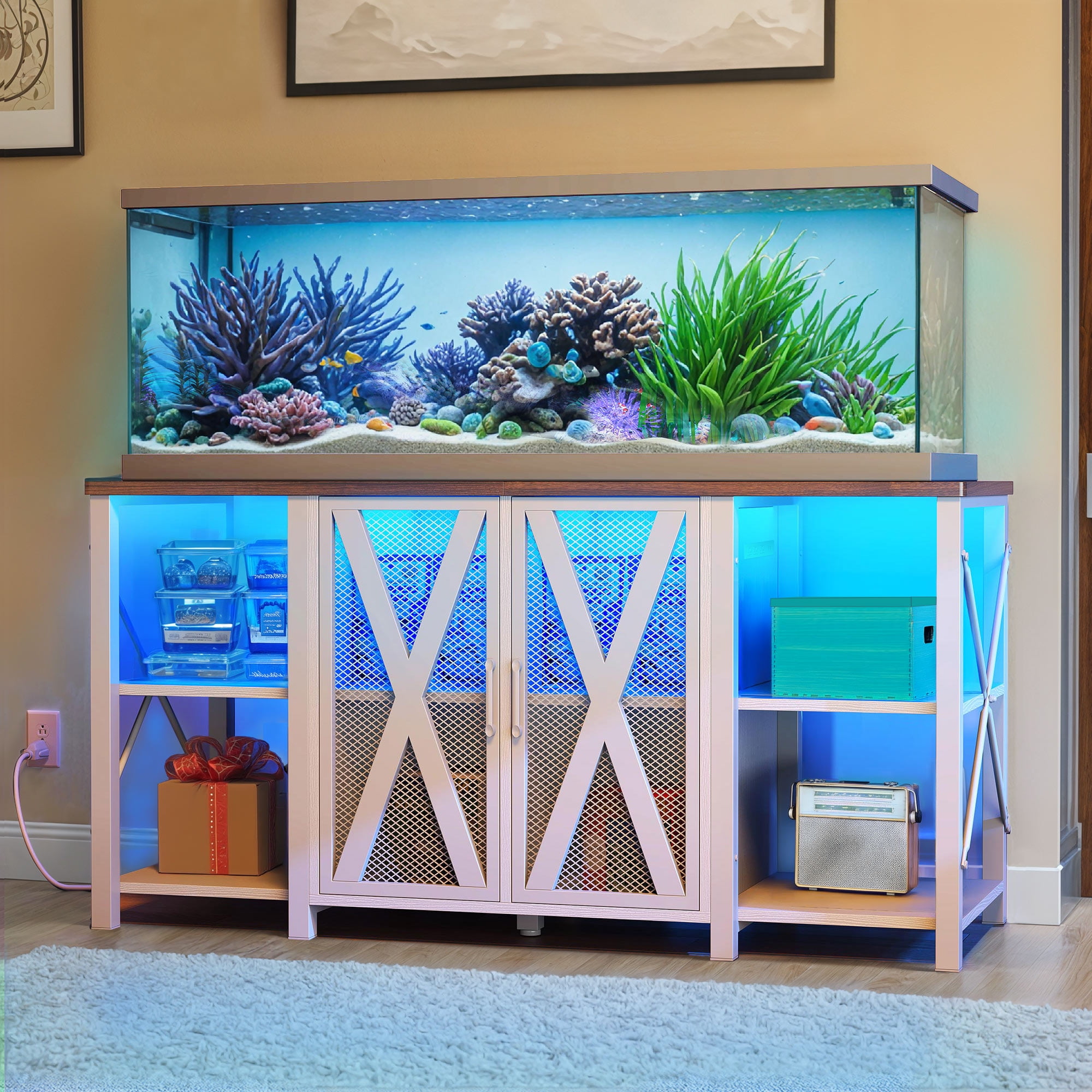 ModFusion Walnut & White Aquarium Stand with Cabinet, Adjustable Shelf ...