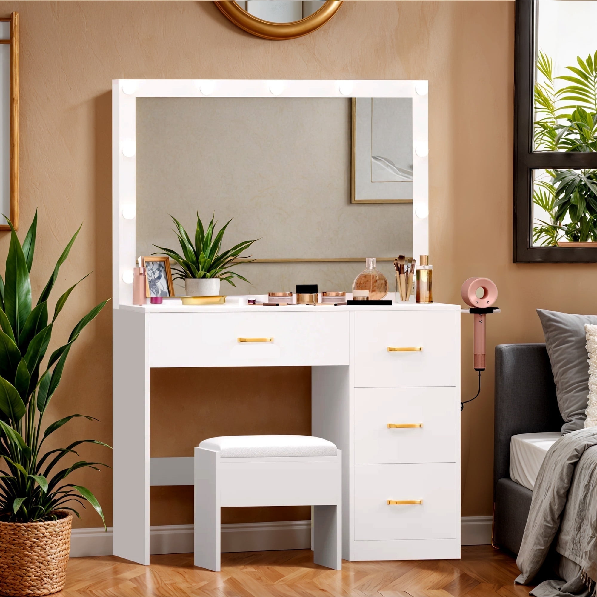 ModFusion Modern Adult Vanity Table Set, 1 Piece, White with Power ...