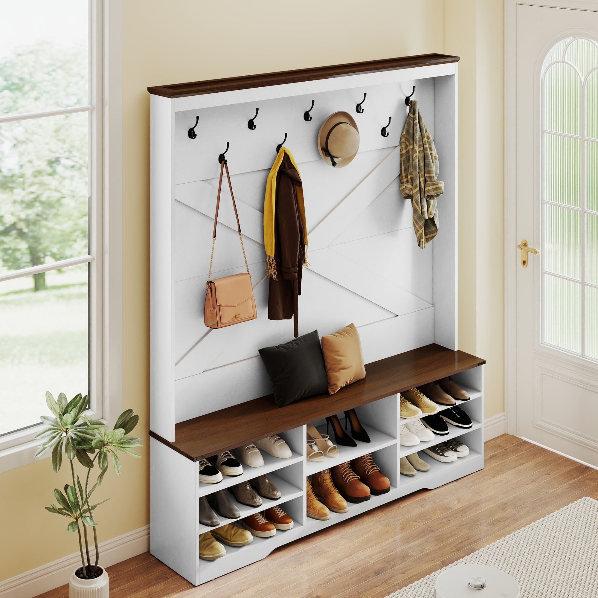 ModFusion White & Walnut Hall Tree with 8 Shoe Cubbies and Hooks – 70.8 ...