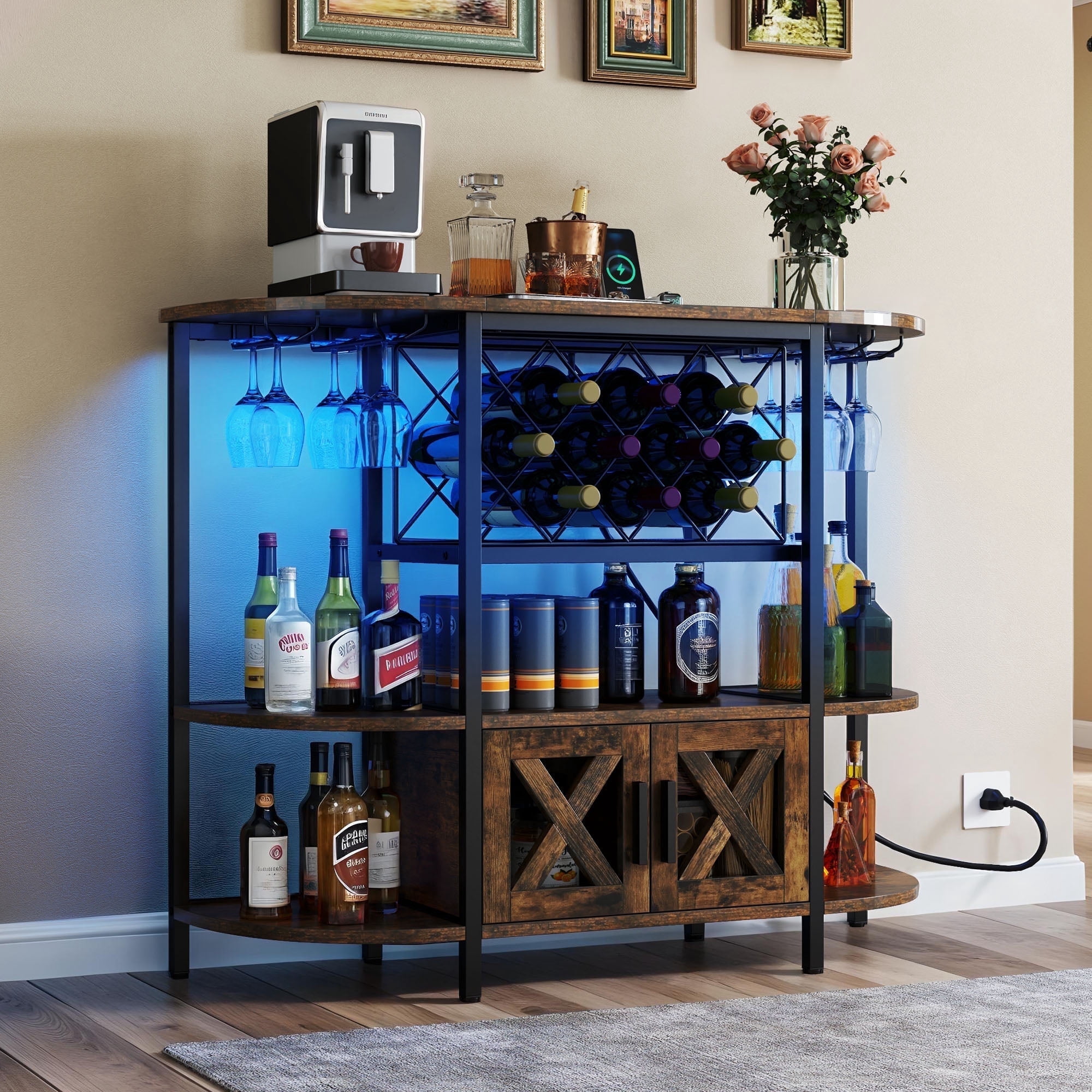 ModFusion Bar Cabinet with Power Outlet, Adjustable LED Lights, Goblet ...