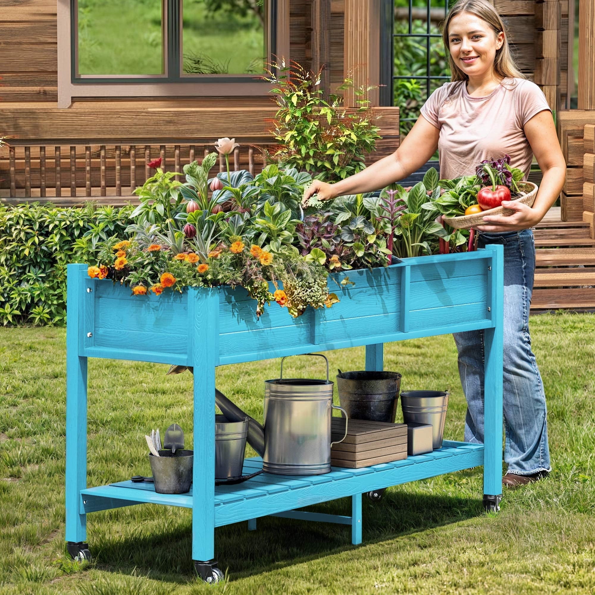 ModFusion Wooden Planter Box Stand, 450lb Capacity, for Patio, Balcony ...