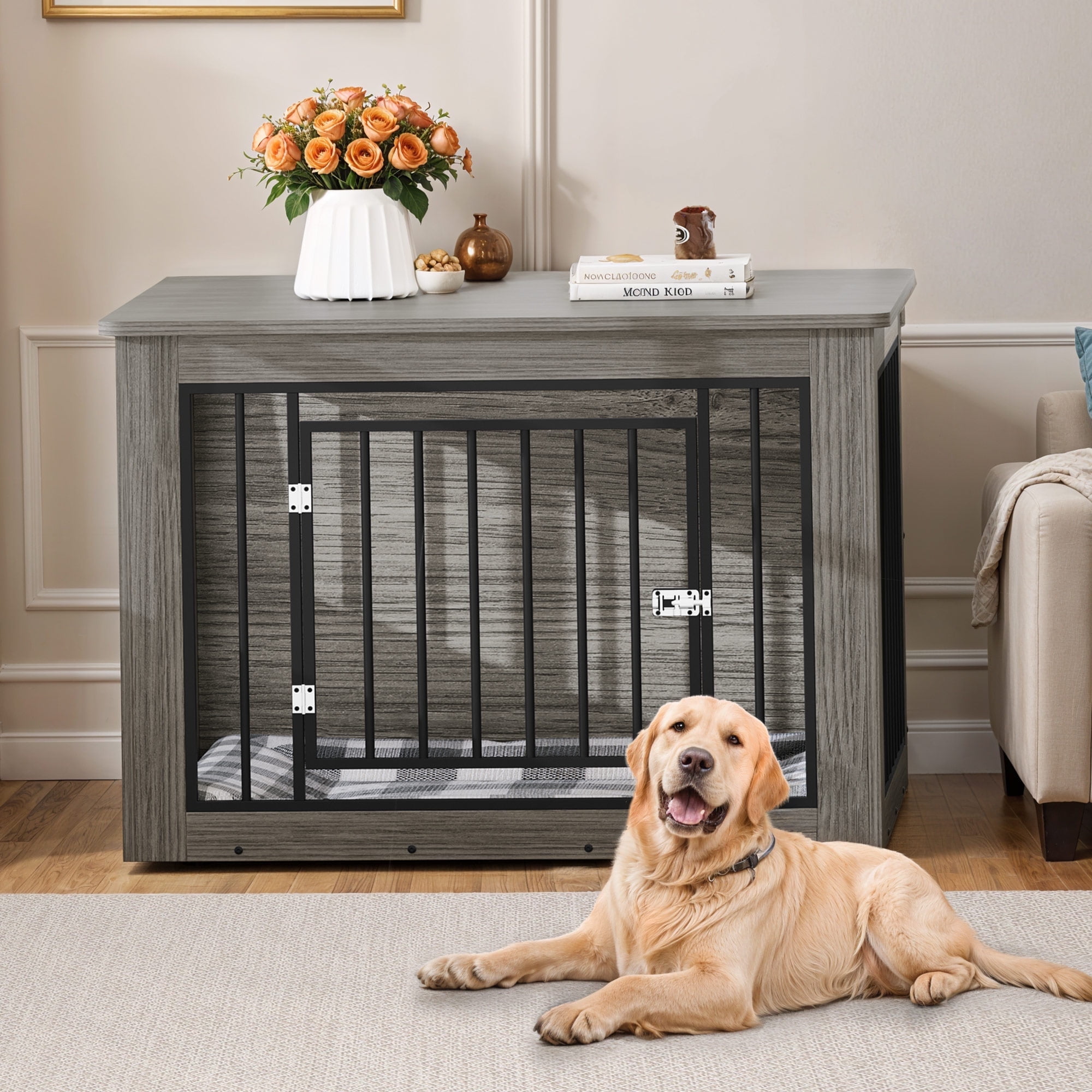ModFusion Grey Rustic Wood Dog Crate with Secure Door – Furniture-Style ...