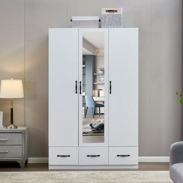 ModMakers 3-Door Wardrobe Armoire Closet with Mirror, Freestanding Wood ...