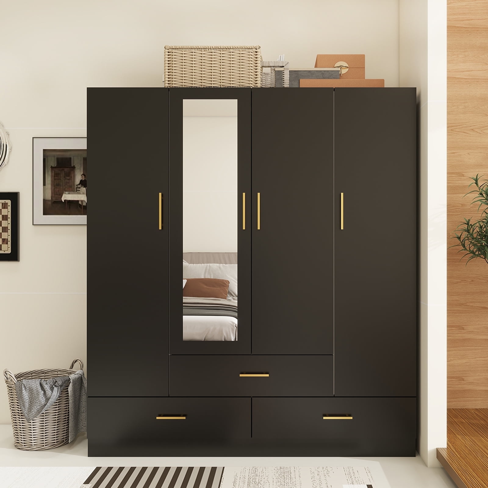 ModMakers 4-Door Wardrobe Armoire Closet with Mirror, Freestanding Wood ...