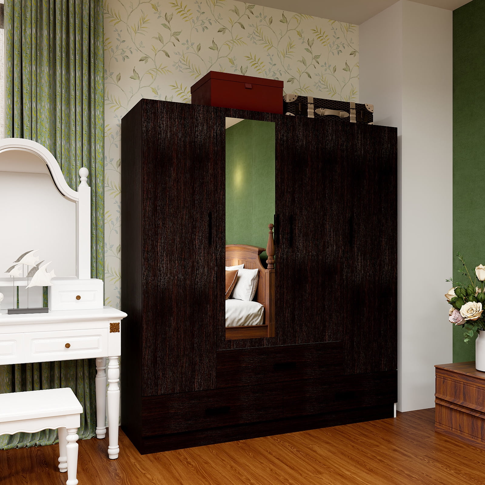 ModMakers 4-Door Wardrobe Armoire Closet with Mirror, Freestanding Wood ...