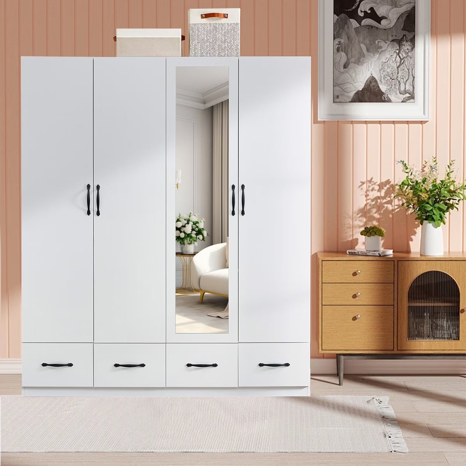 ModMakers 4-Door White Wardrobe Armoire | Wood Cabinet w/ Mirror ...