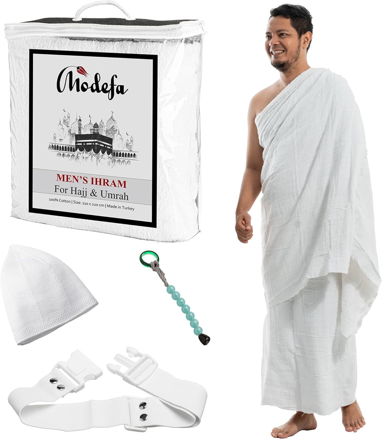 Modefa Islamic Men's Ihram Towel Set for Hajj Umrah - 2 Piece Set - 110 ...