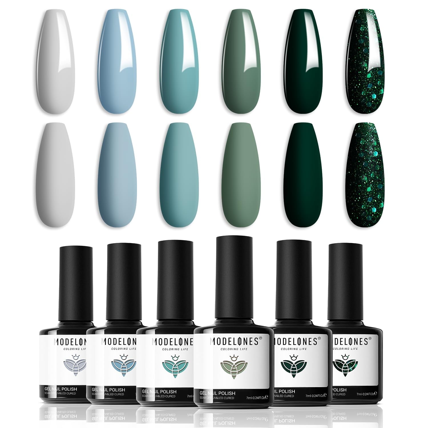 Modelones Gel Nail Polish Set - 6 Colors Misty Gray Dark Green Glitter ...