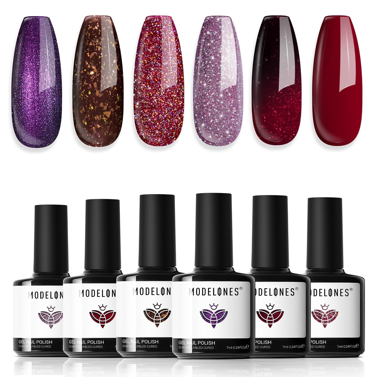 modelones Gel Nail Polish Set 6 Colors Red Burgundy Brown Purple ...