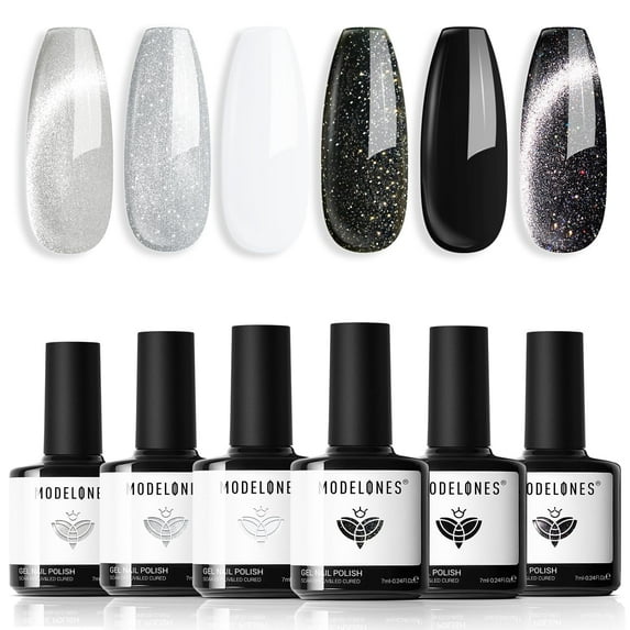 Modelones Gel Nail Polish Set, 6 Colors Cat Eye Black White Glitter ...