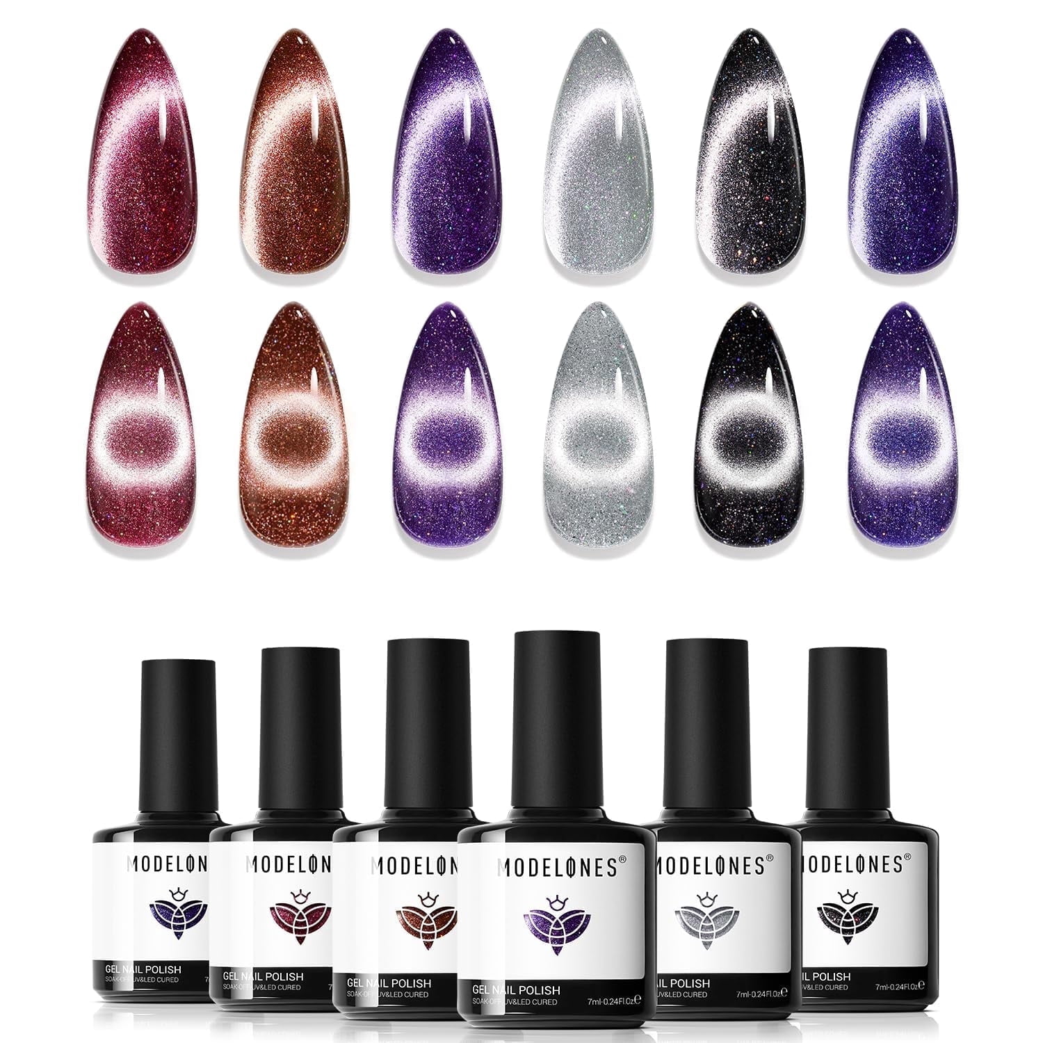 Modelones Cat Eye Gel Nail Polish Set, 6 Colors, Holographic 9D Glitter ...
