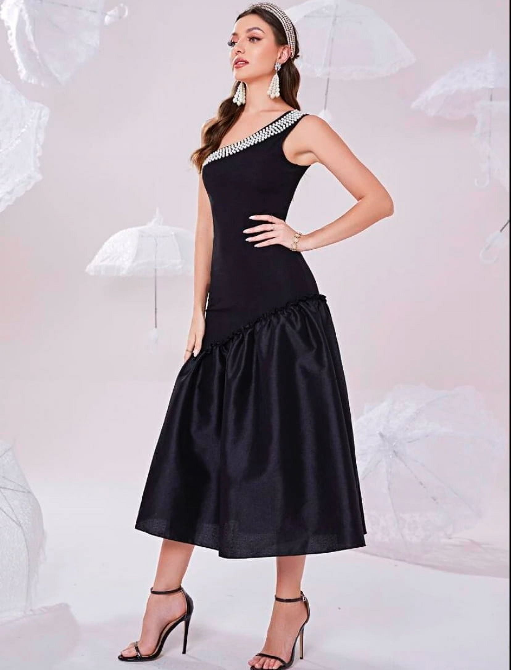 Modely Pearl Beaded One Sholder Frill Trim Dress - Walmart.com