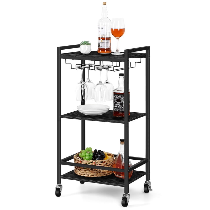 Moden Black Bar Cart with Wheels 3-Tier Bar Cart for Home Serving Cart ...