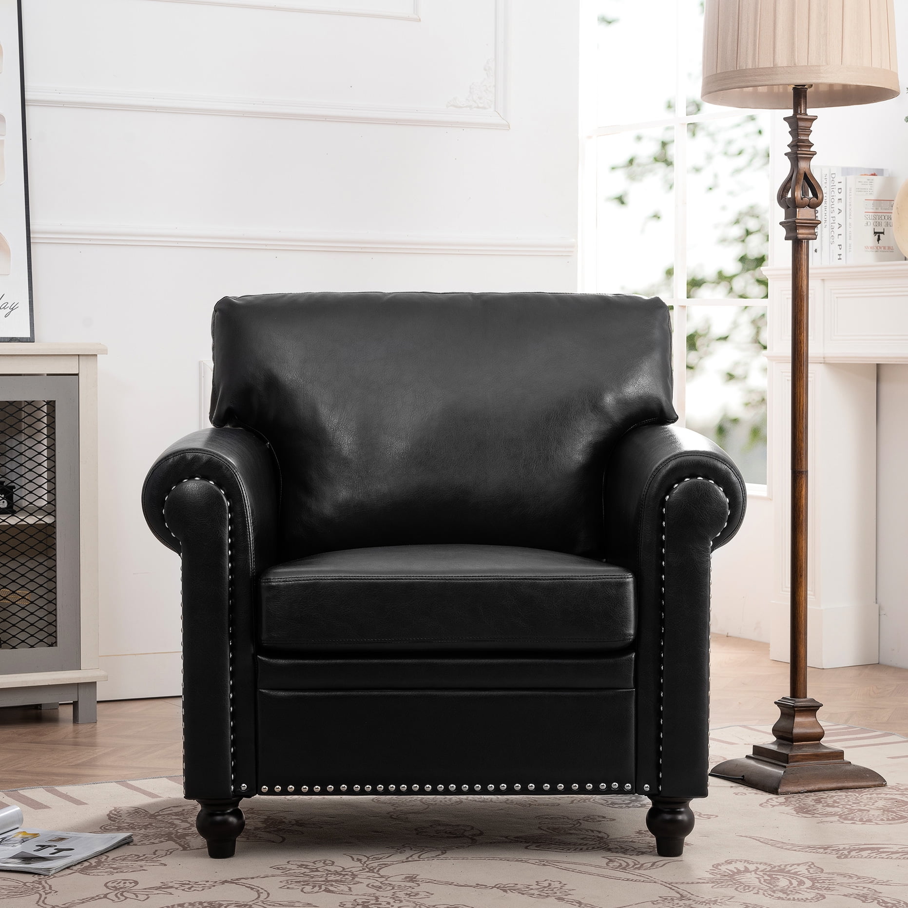 Modern 1 Seater : Black Pu, Foam Filling, Silver Bubble Nail Decoration, Enjoyable Spring ...