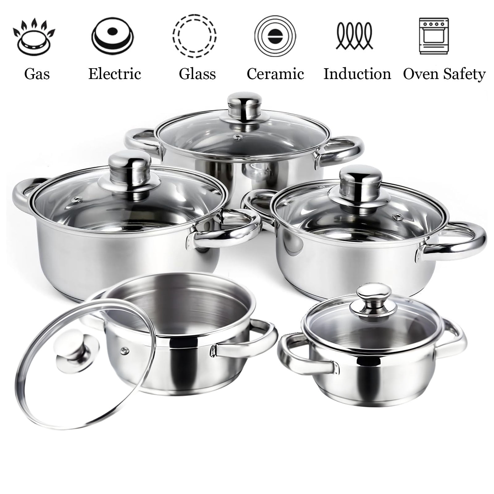 Leyeet Home Kitchen Cookware Sets, 10 Pcs Non Stick Stainless Steel ...
