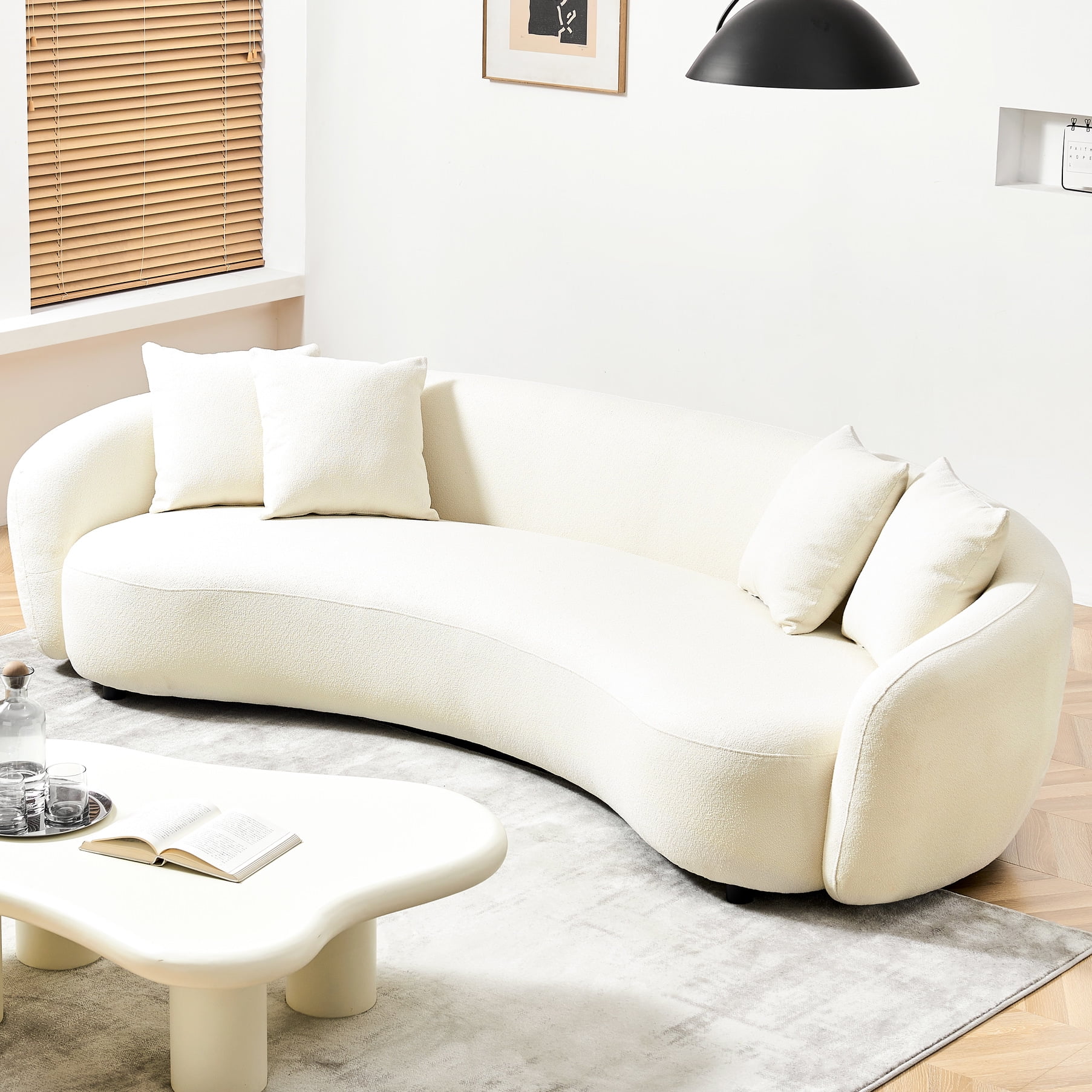 Modern 101" White - Half Moon Curved Fabric Couch Stylish Design Solid Wood Frame Comfortable ...