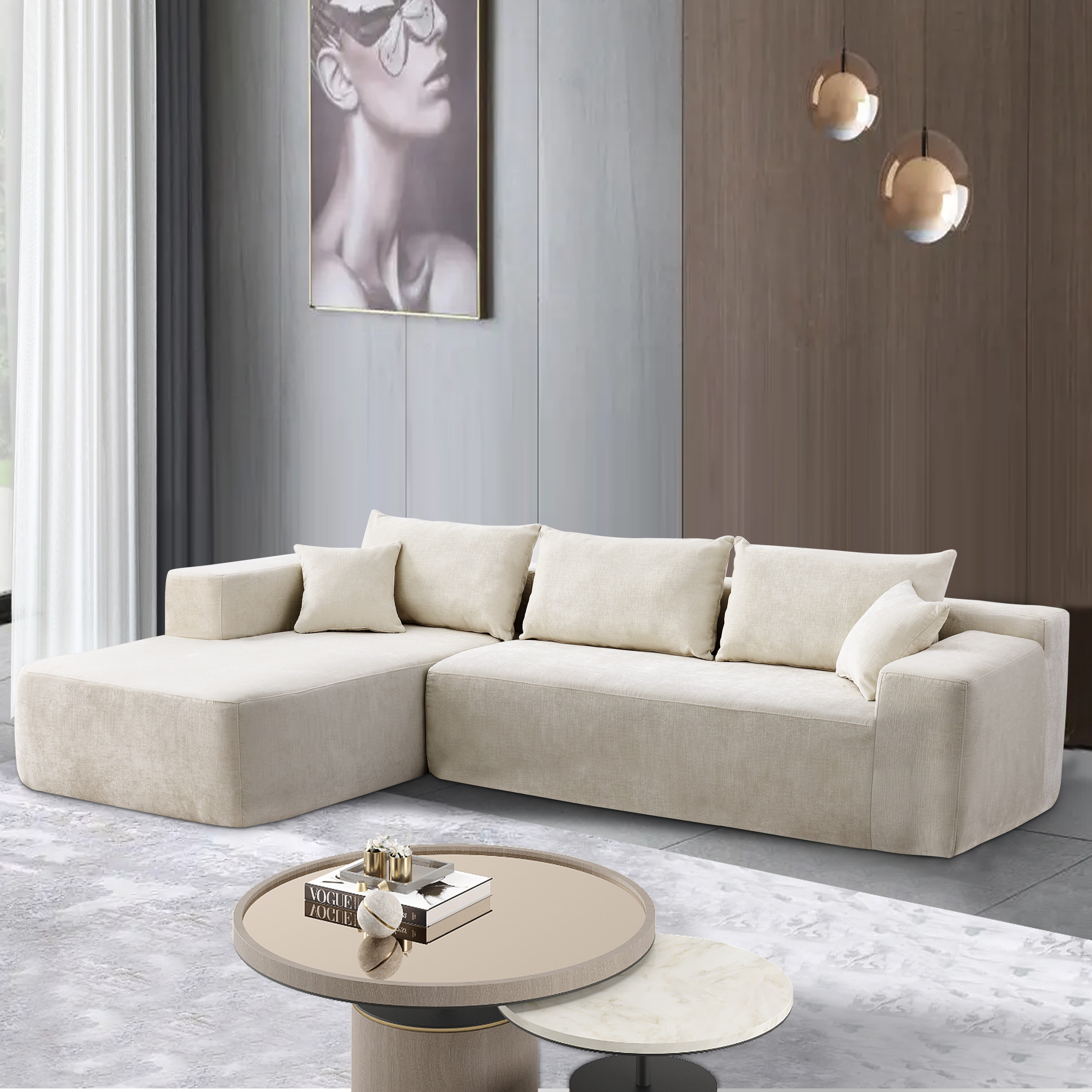 Modern 104’’ Modular Sectional Couch, Corduroy Fabric Comfortable L-Shape Sofa with Chaise ...