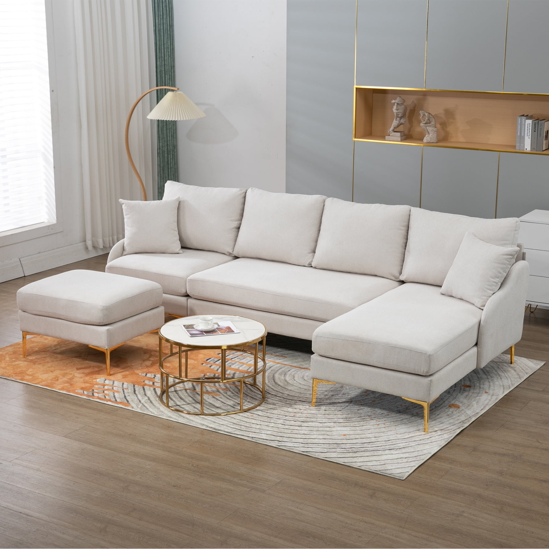 Beige U-Shape Sectional Sofa, 4-Seat with Chaise Lounge, Ottoman, Reversible Chaise, Golden Legs ...