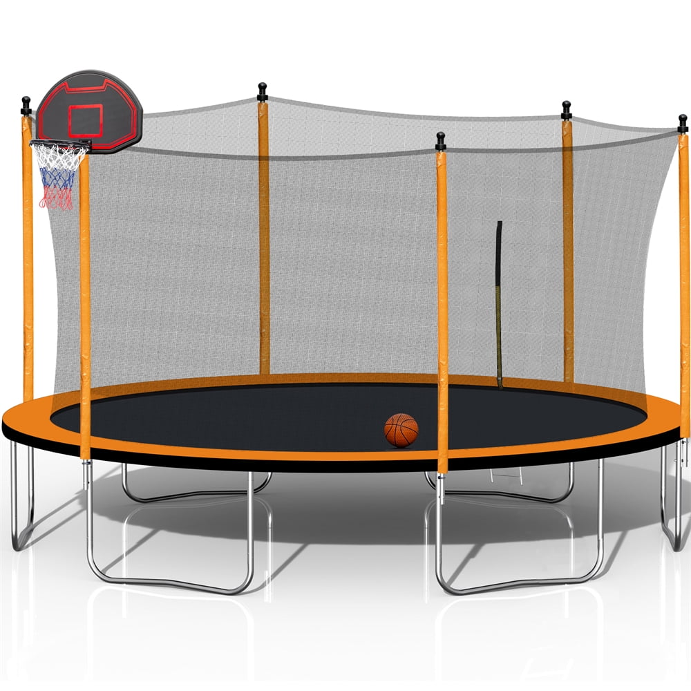 Modern 15 FT Trampoline with Inner Safety Enclosure, Basketball Hoop ...