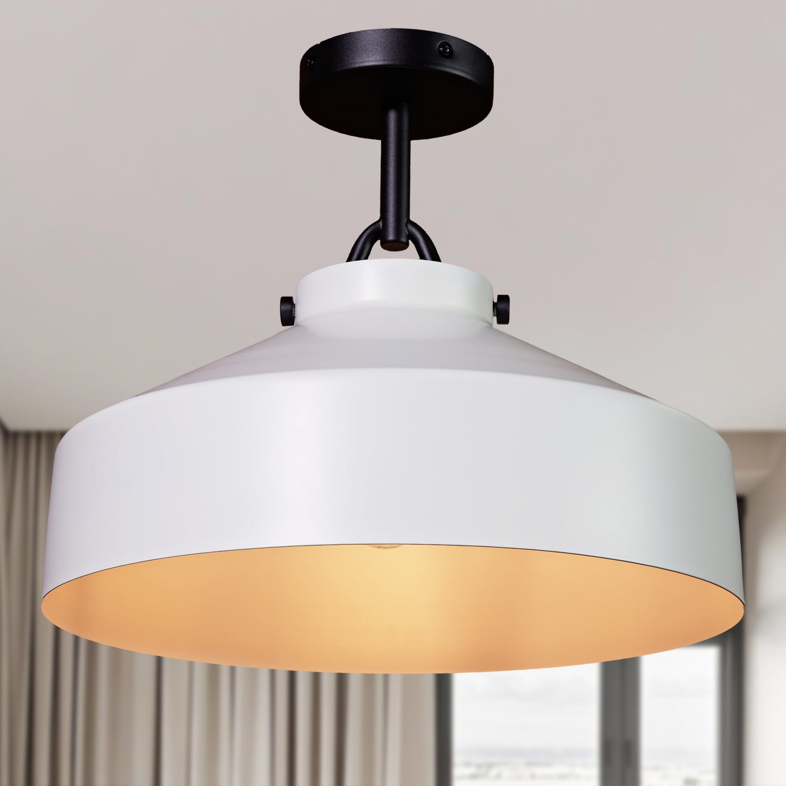 Industrial Round Ivory Shade 16 Inch Semi Flush Mount with Black Pole ...