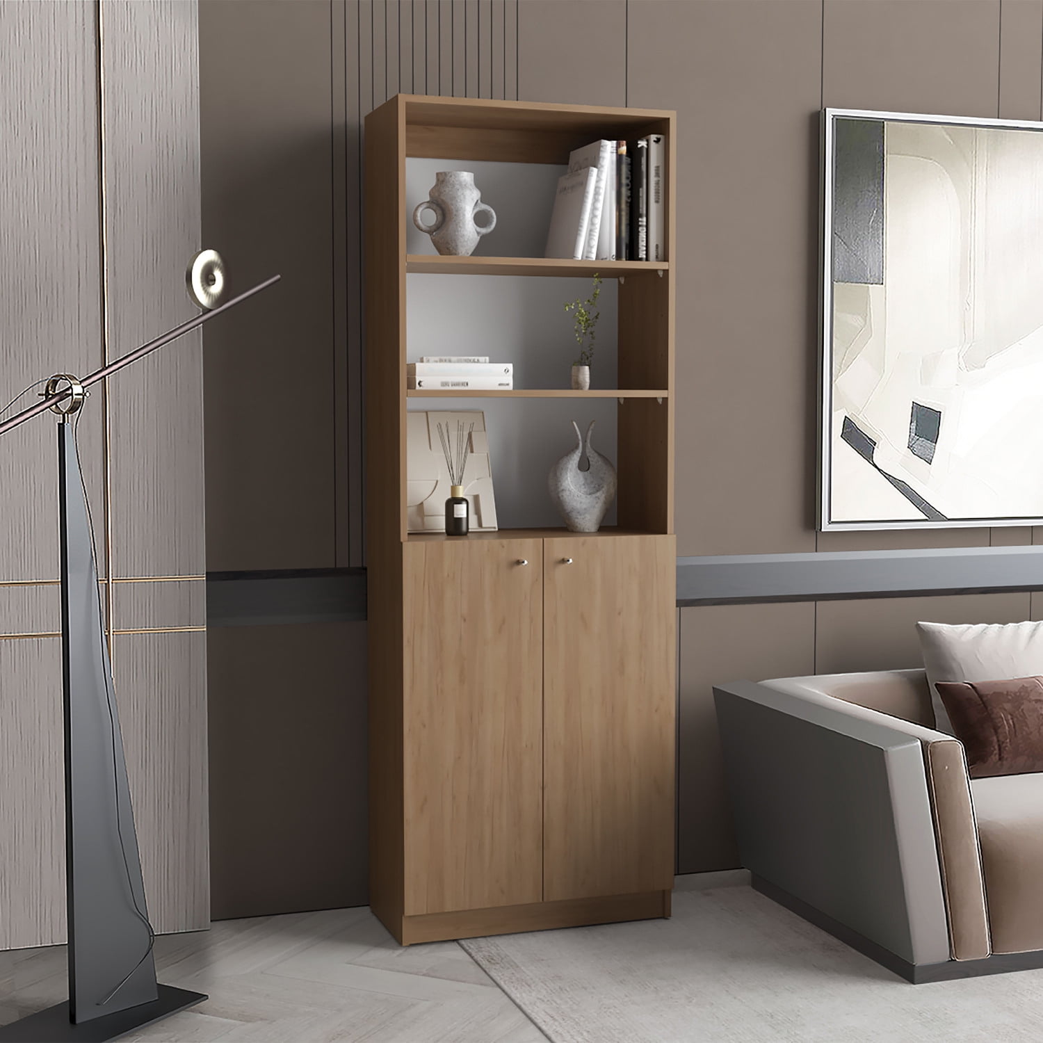 Modern 2-Door Bookcase with Upper Shelves Compact Storage & Display ...