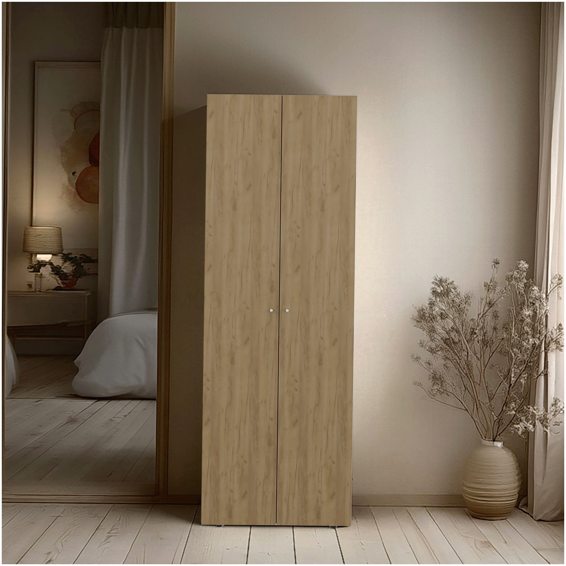 Modern 2 Door Wardrobe Cabinet in Natural Oak Finish, Tall Freestanding ...