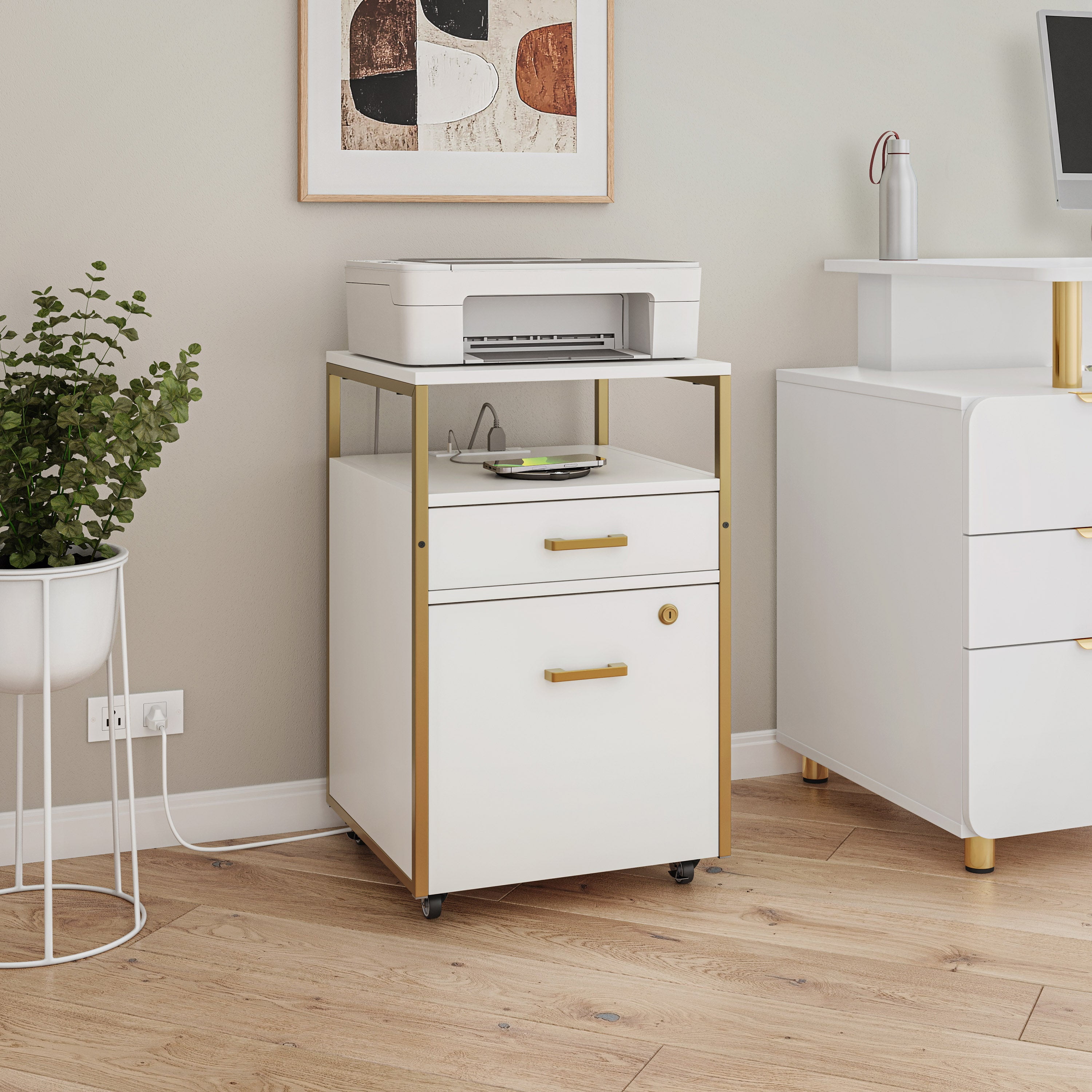 Modern 2-Drawer Rolling File Cabinet with Lock, 2 USB Ports and Power ...