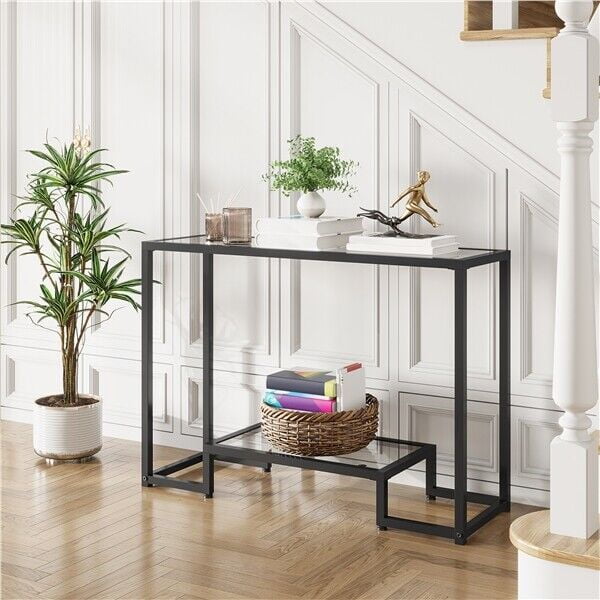Modern 2-Layer Tempered Glass Console Table for Entryway Hallway Porch ...