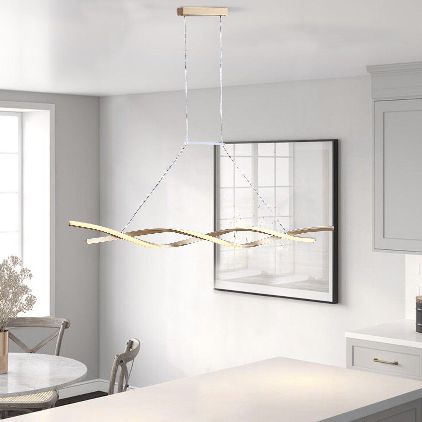 Modern 2-Light Wavy Linear LED Pendant Lamp for Kitchen Island Gold ...