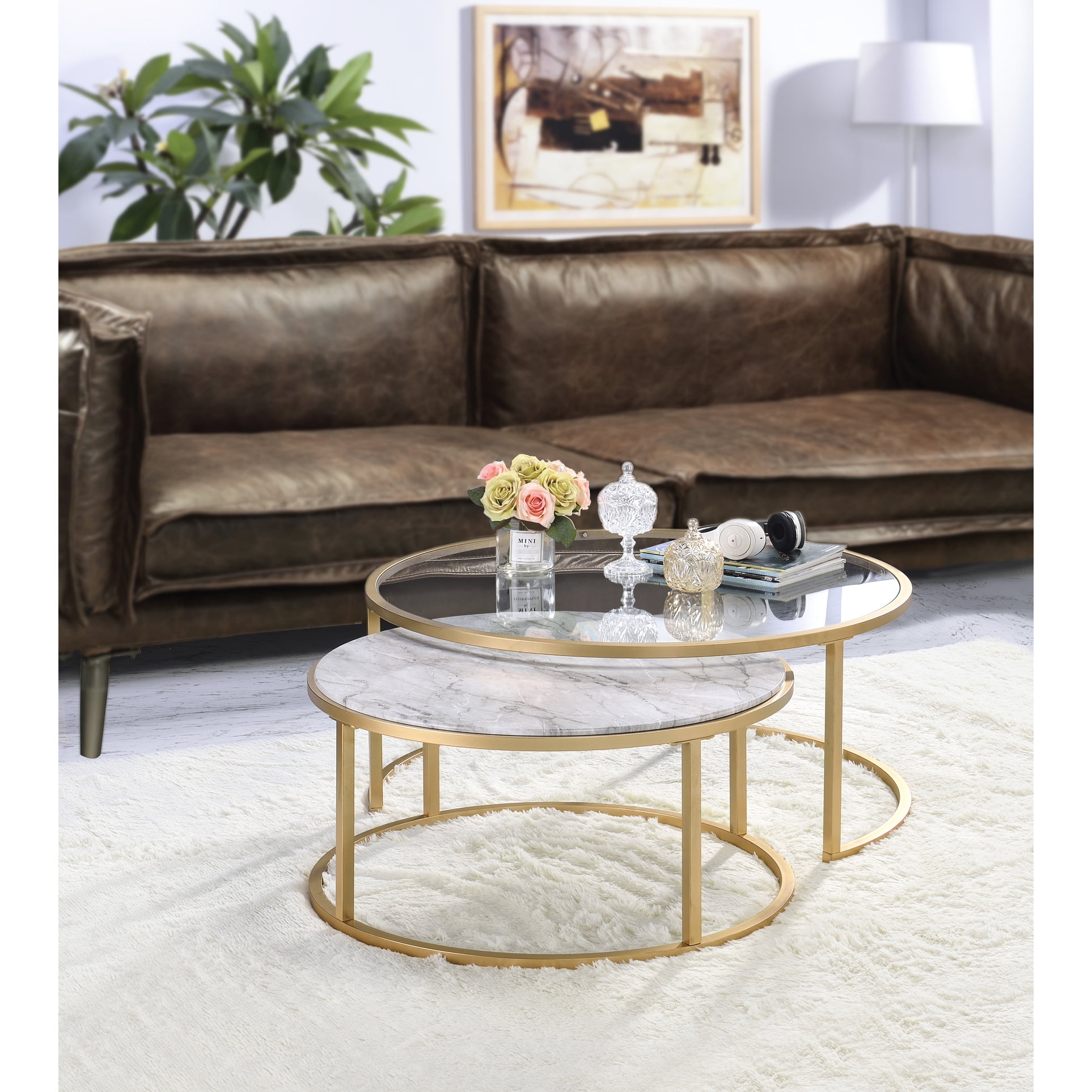 Modern 2 Marble-like Nesting Tables - Gold Metal Frame Chic Table With ...