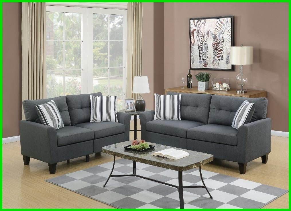 Modern 2-Piece Charcoal Glossy Polyfiber Sofa Set – Solid Pine Frame ...