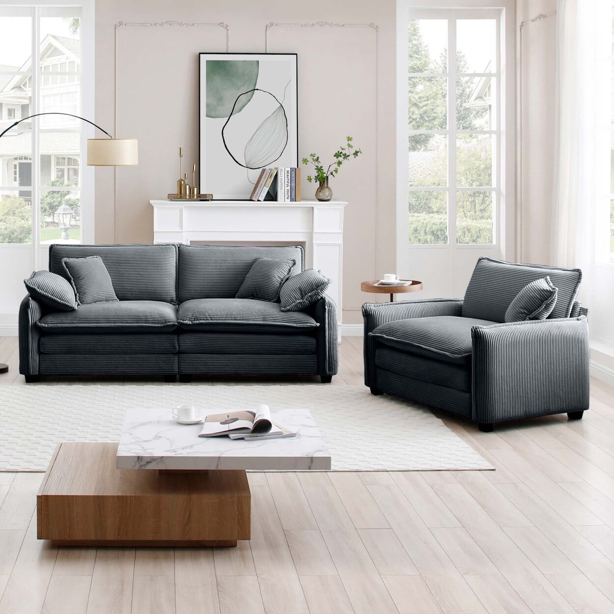Modern 2-Piece Set Living Room Sofa, Combination Corduroy 3-Seat Sofa ...