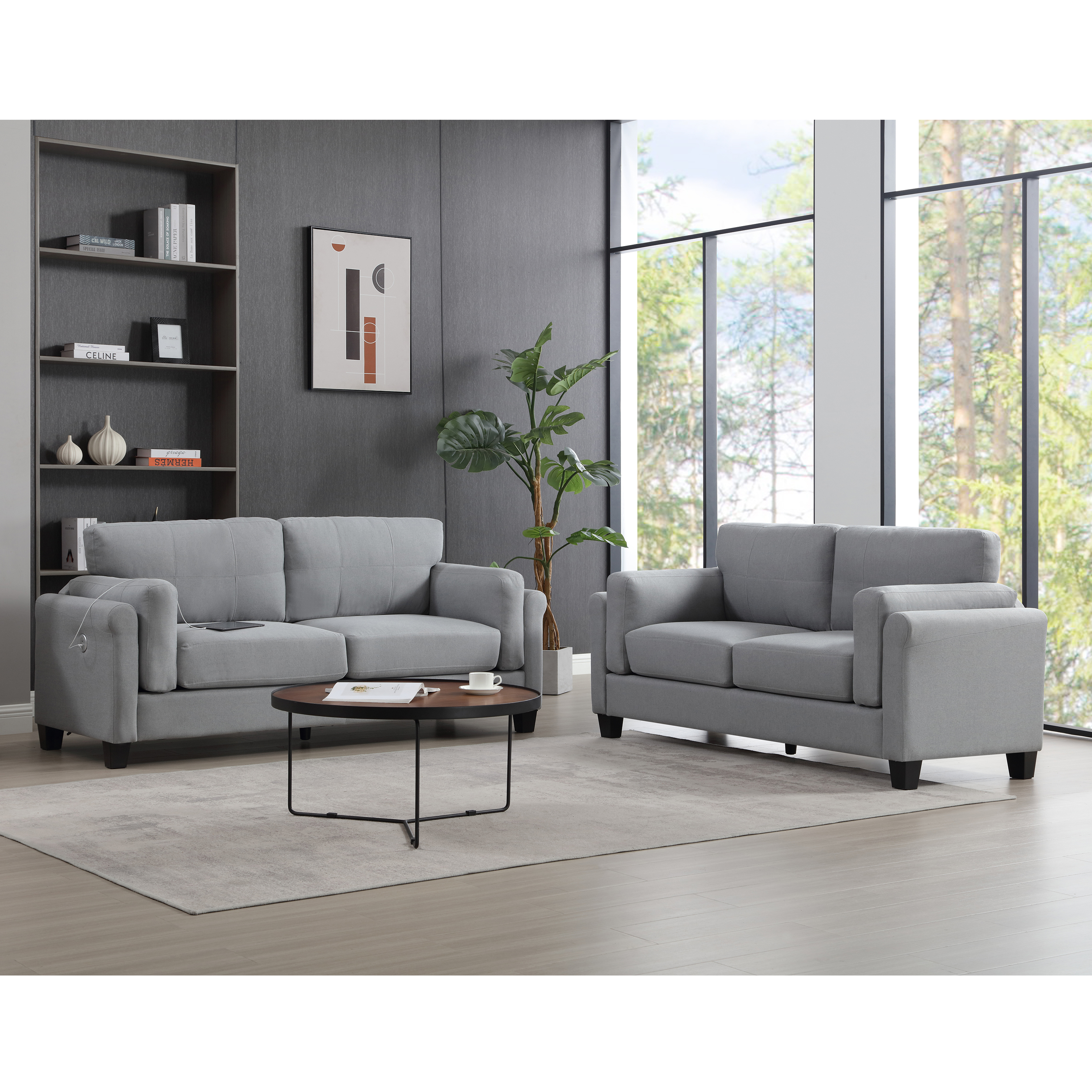 Modern 2-Piece Sofa Set, Gray Fabric Couch and Loveseat Set for Living ...