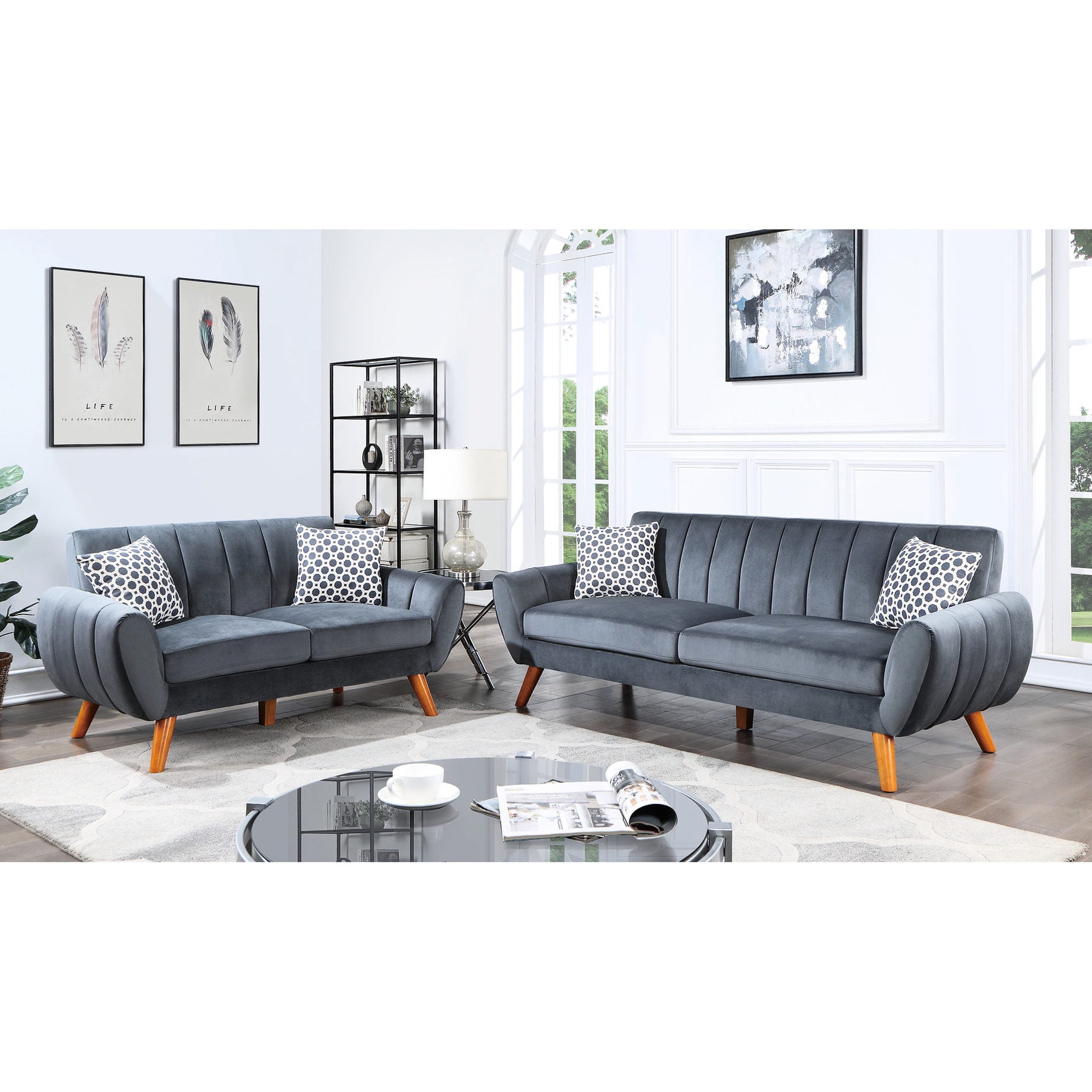 Modern 2-Piece Sofa Set in Dark Gray Velvet with Pillows - Create a ...