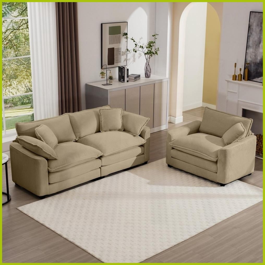 Modern 2-Piece Tan Corduroy Sofa Set – 1-Seat & 3-Seat for Living Room ...