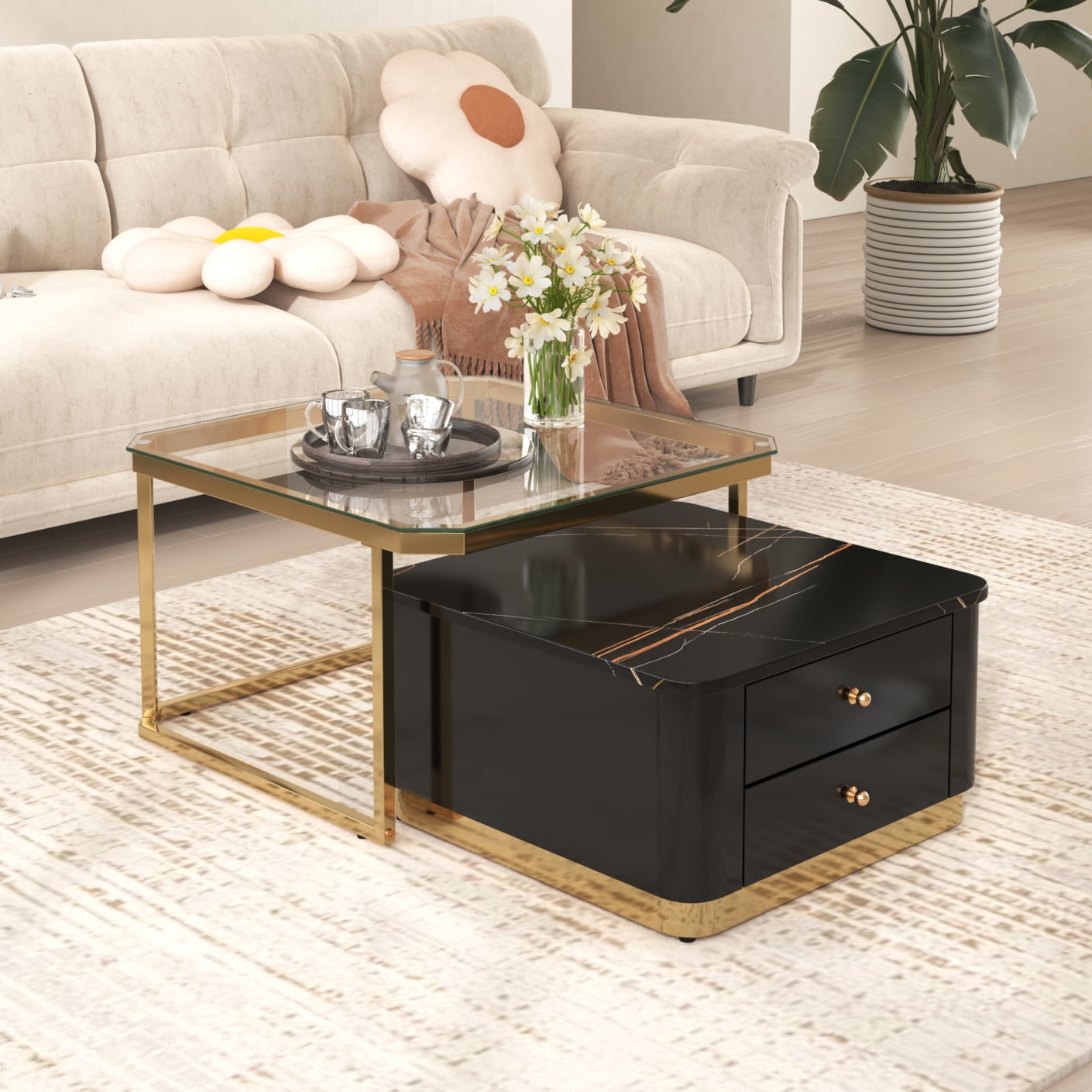 Modern 2 Pieces Black Square Nesting Coffee Table with Drawers ...