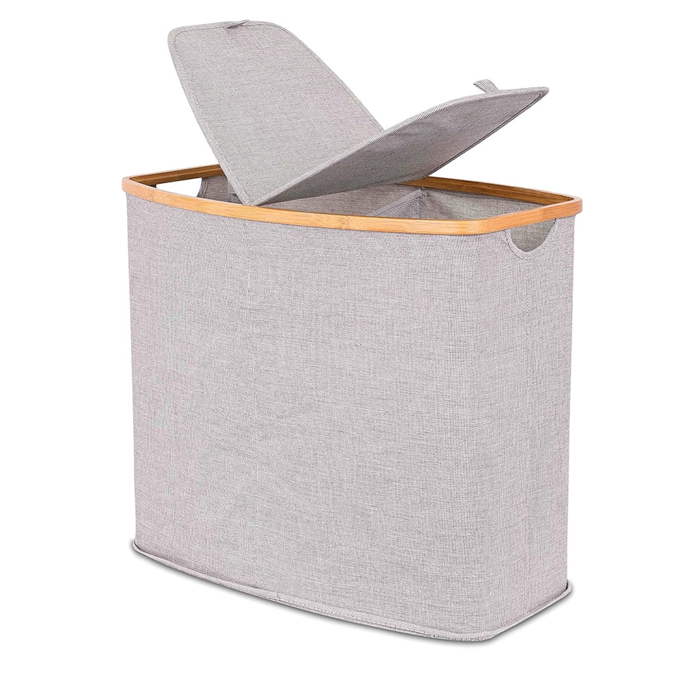 Modern 2 Section Foldable Hamper, Bamboo & Canvas Hamper, Single ...