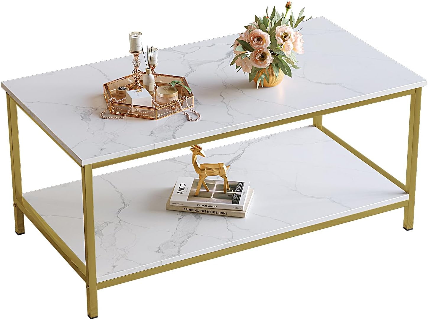 Modern 2-Tier Coffee Table for Living Room White Gold Coffee Tables ...