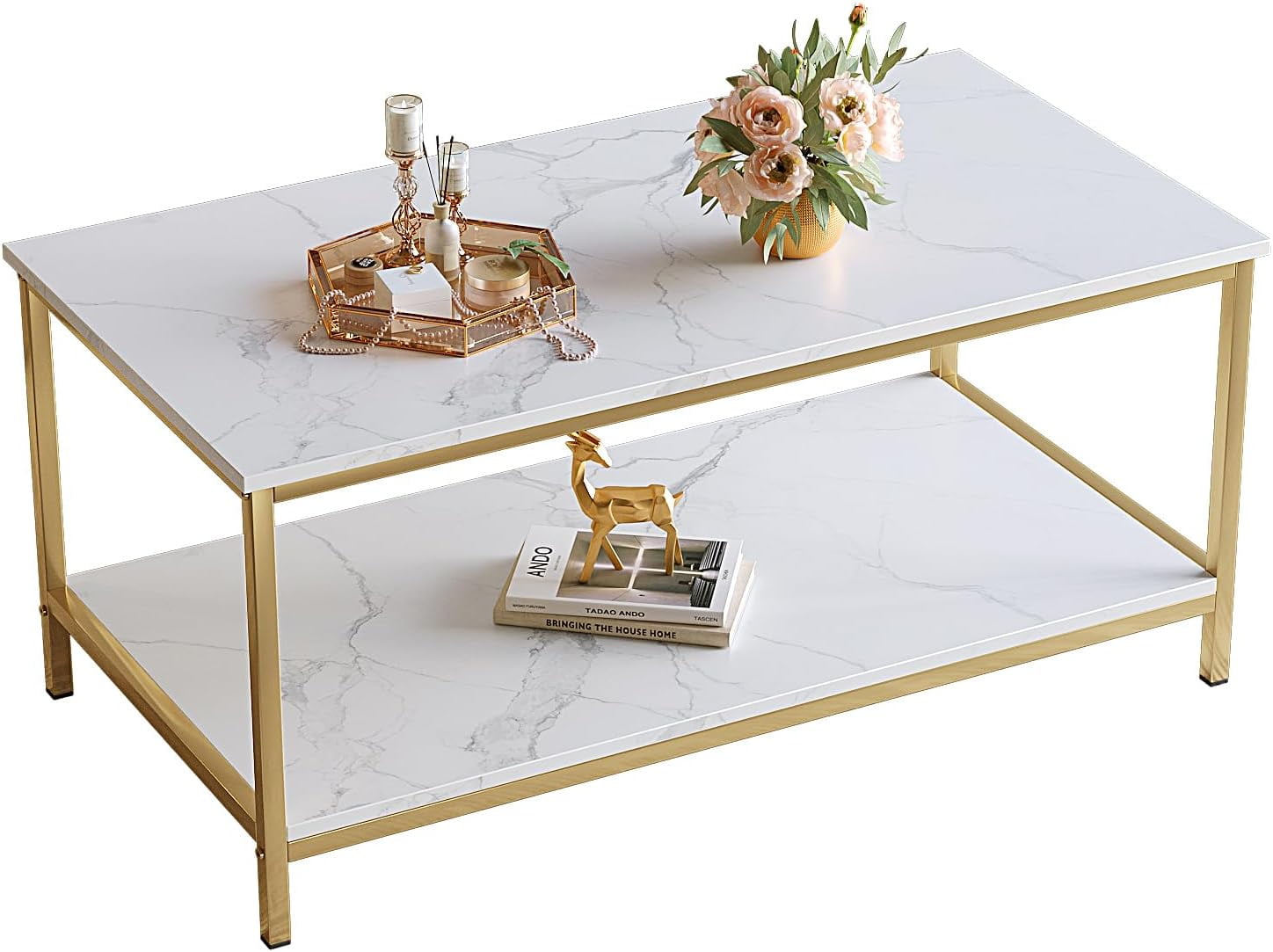 Modern 2-Tier Coffee Table for Living Room White Gold Coffee Tables ...