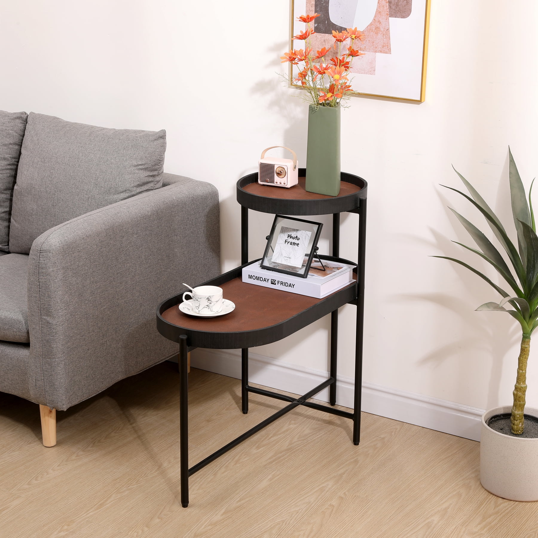Modern 2-Tier Side Table, Metal End Table with Round Tray Top and ...