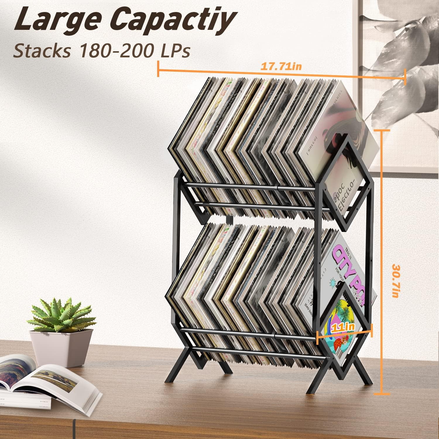 Modern 2-Tier Vinyl Record Organizer with Dividers, Steel Storage Shelf ...