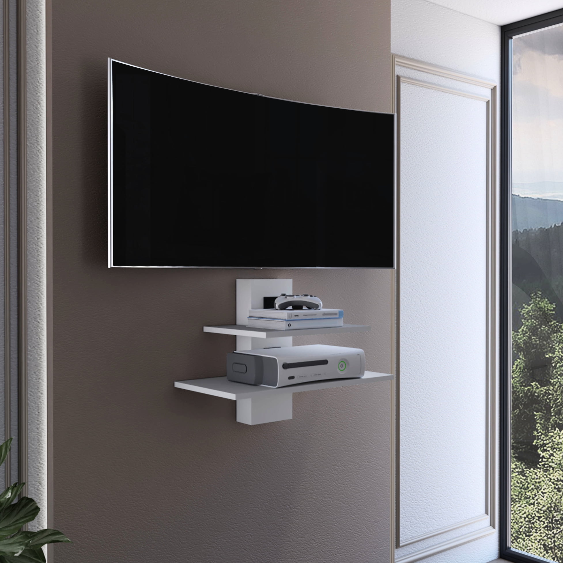 Modern 2 Tier Wall Shelf Unit In White - Cable Managed For Media ...