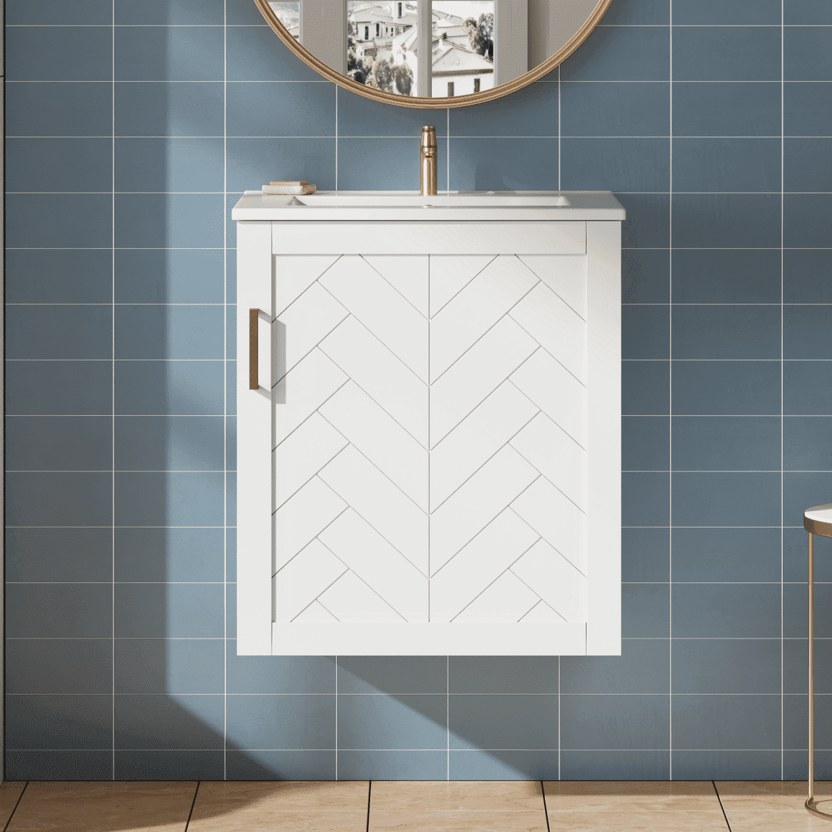 ZENHO Bathroom Cabinet with Side Shelf and Ceramic Sink, White ...