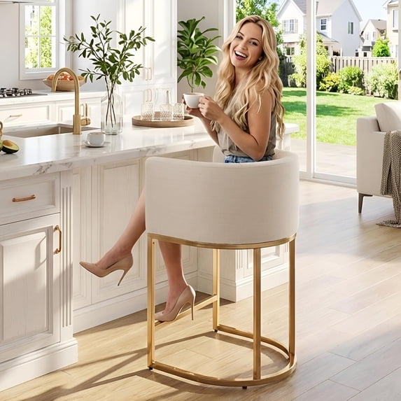 Modern 24" Counter Height Bar Stool, Cream Linen Upholstered Kitchen ...